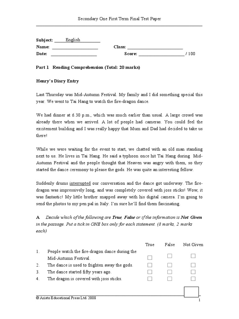 S1 - Term1 - Final With Answers | PDF