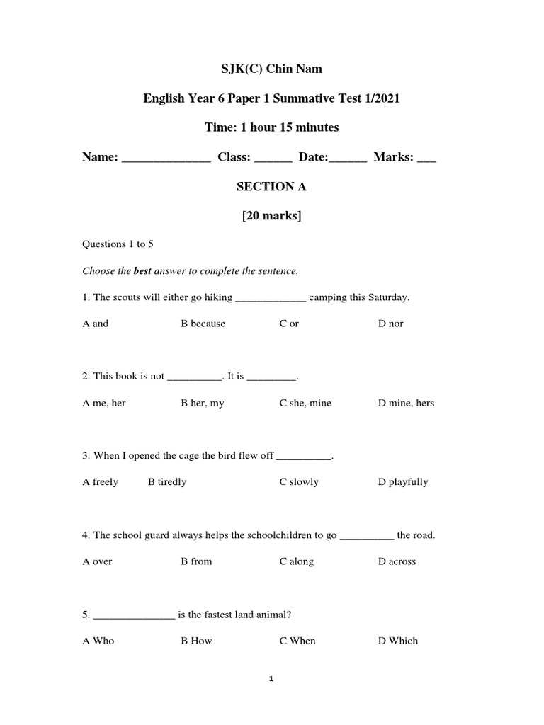English Year 6 Paper 1 Summative Exam 1 2021 PDF | PDF