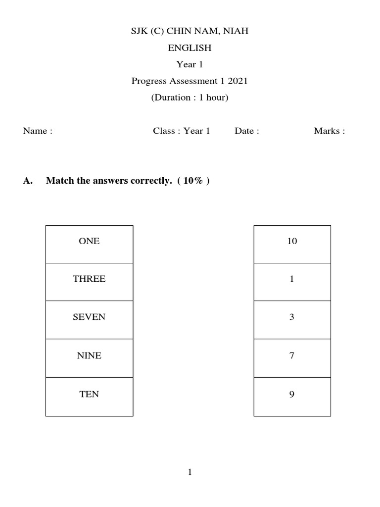 English Year 1 Summative Exam 2021 | PDF