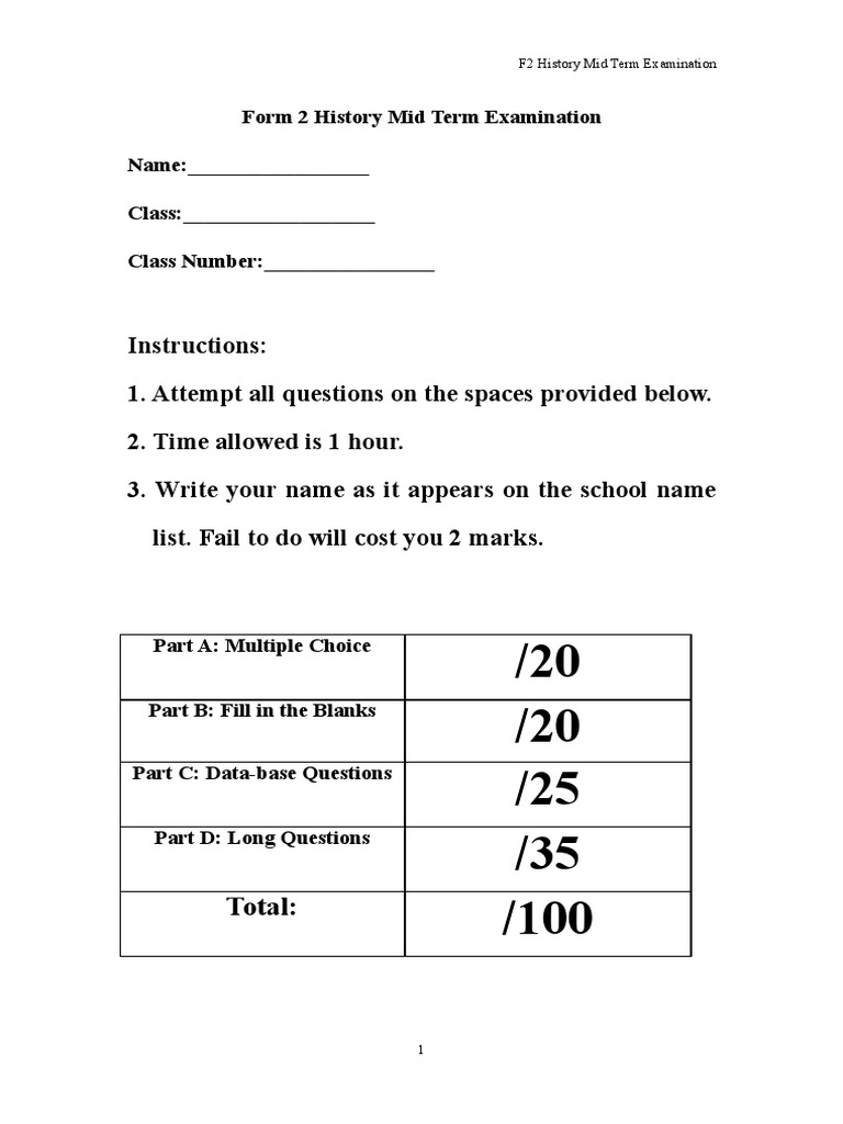 Form 2 History Mid Term Examination | PDF