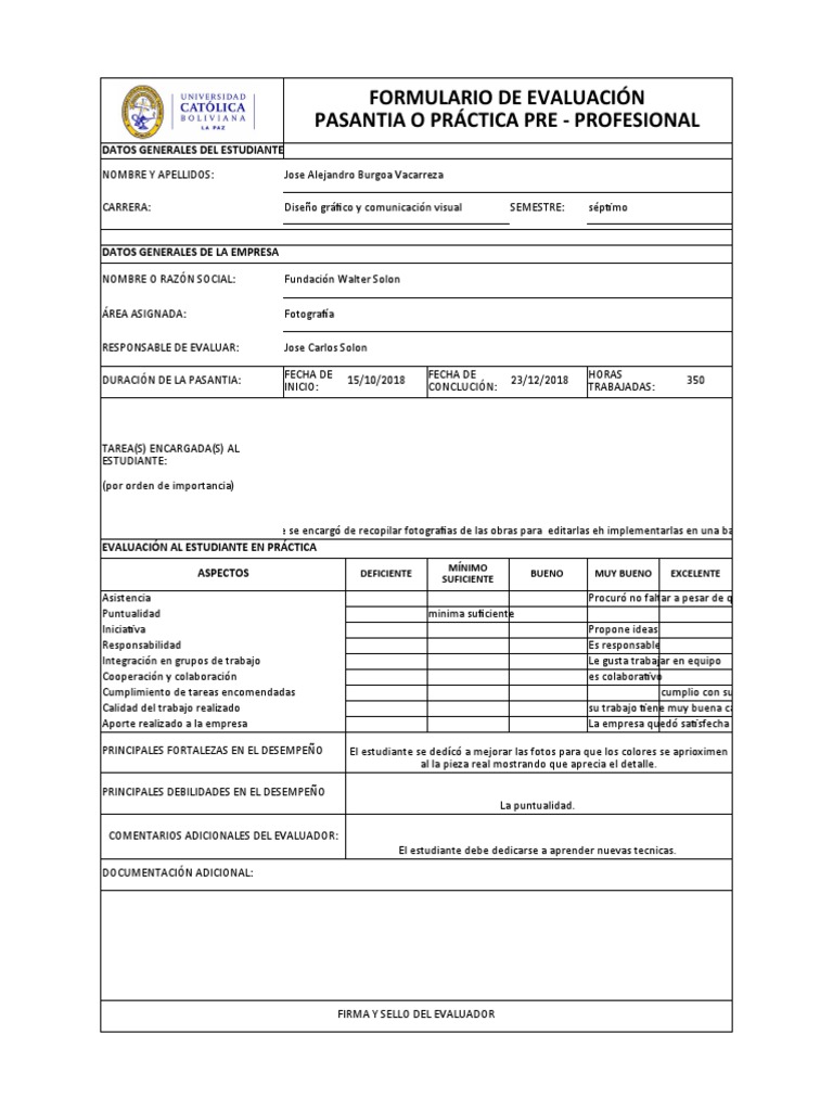 Formulario de Evaluación Práctica Pre Profesional | PDF