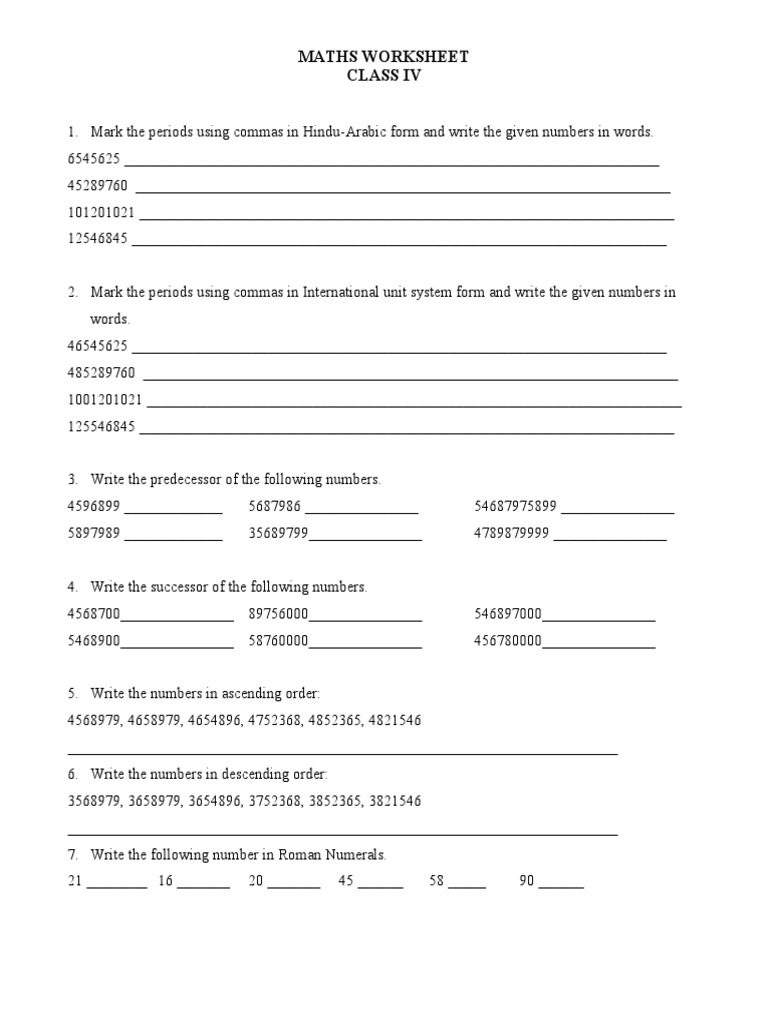 Maths Worksheet 01 Class IV | PDF