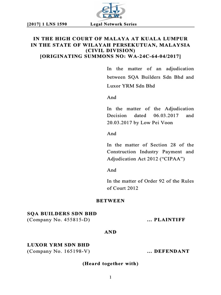 SQA Builders SDN BHD V Luxor YRM SDN BHD | PDF | Adjudication | Arbitration