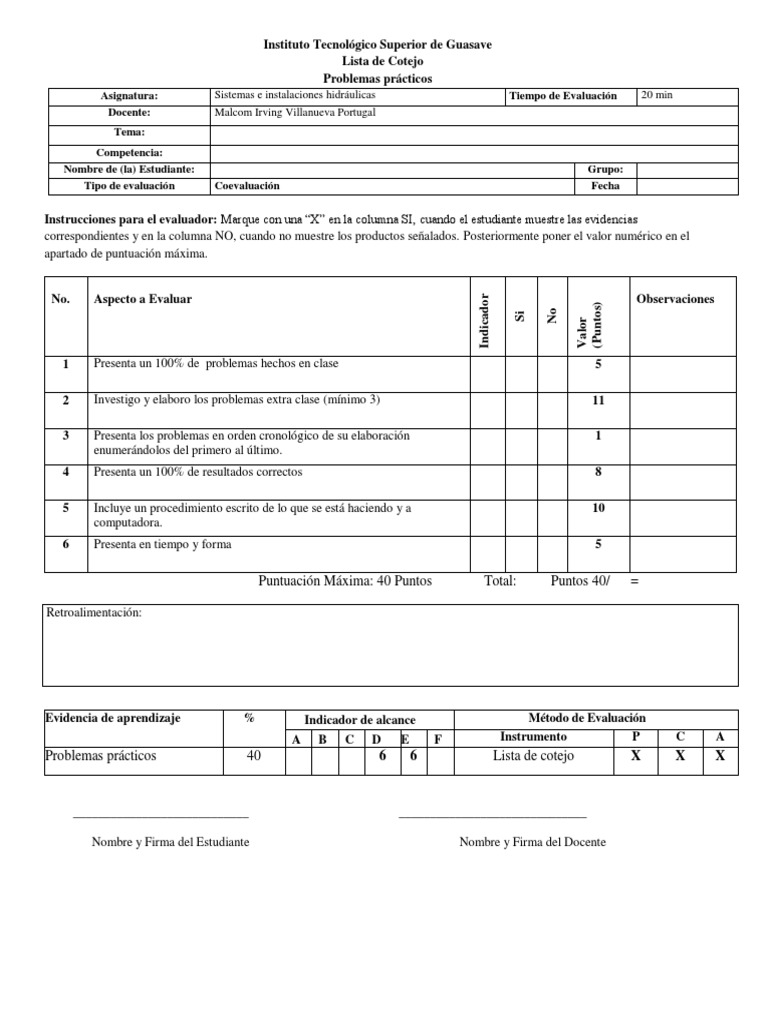 Lista de Cotejo Problemas Practicos PDF | PDF | Evaluación | Modificación de comportamiento
