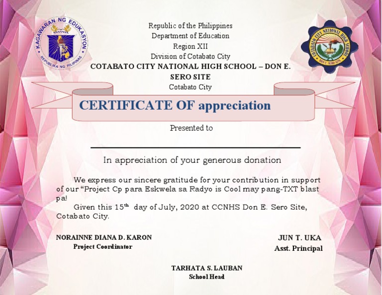 Certificate of Appreciation for Generous Donation to Support Project Cp ...