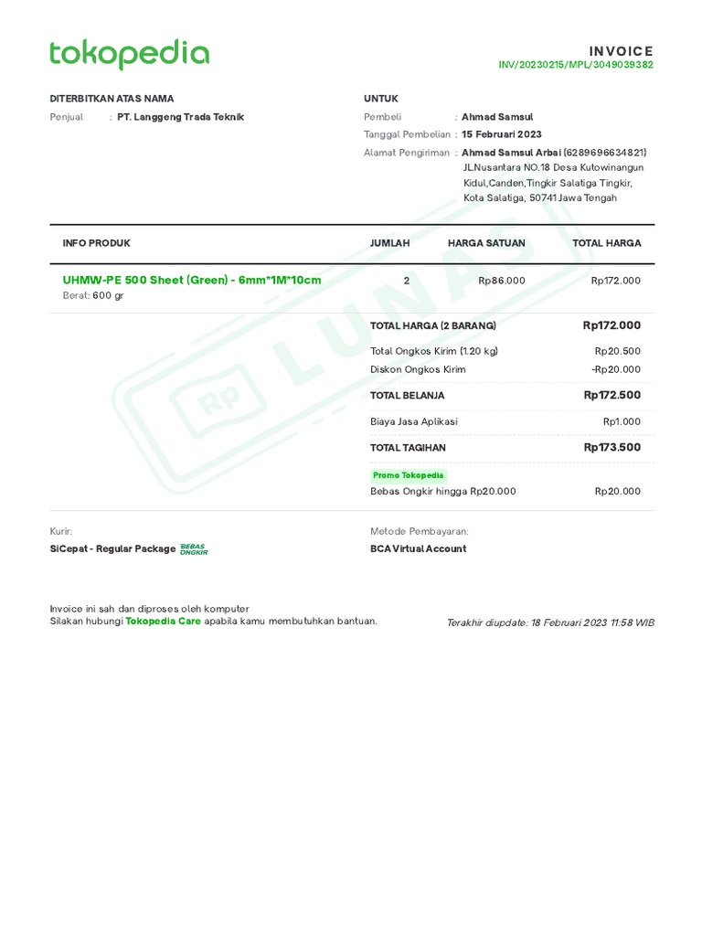 Invoice Nylon Uhmw 6mm Pdf Pdf