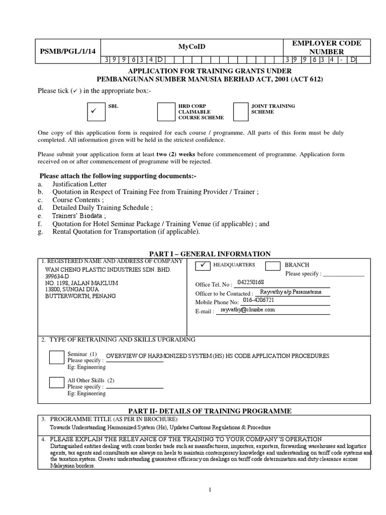01 - Application Form PSMBPGL114 | PDF | Tariff | Outsourcing