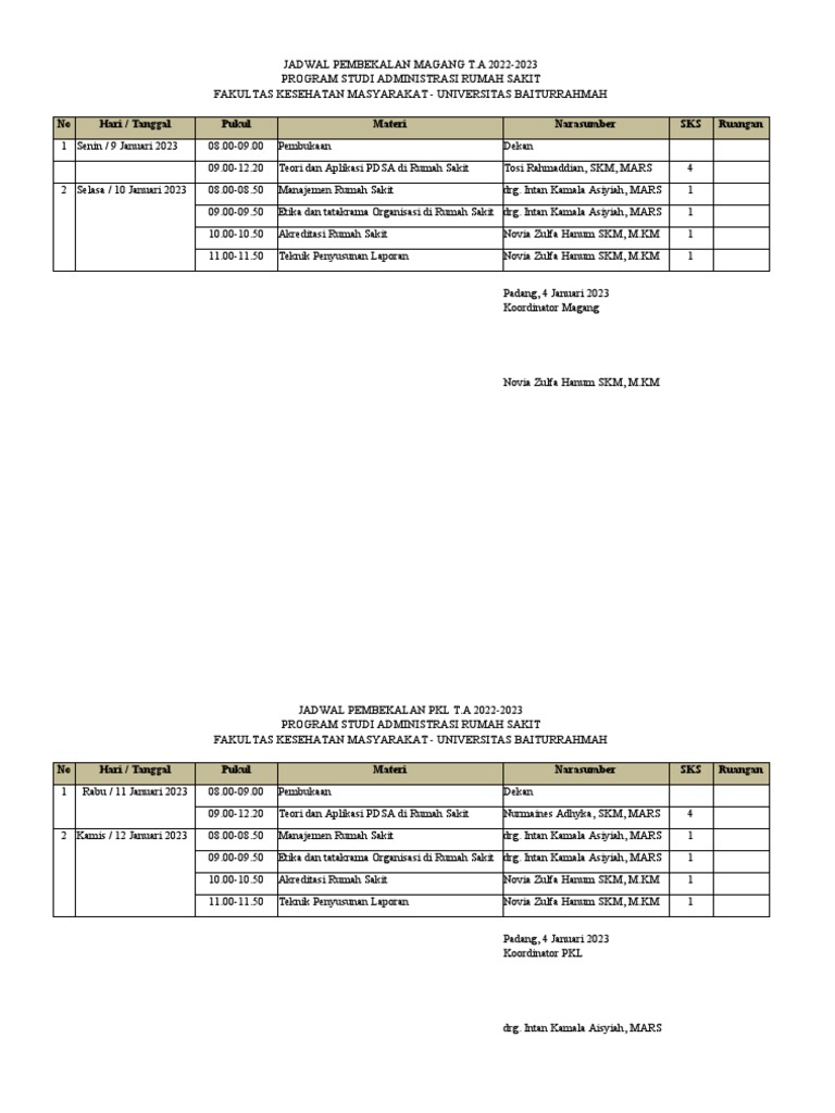 Jadwal Pembekalan Magang dan PKL 2022-2023 | PDF