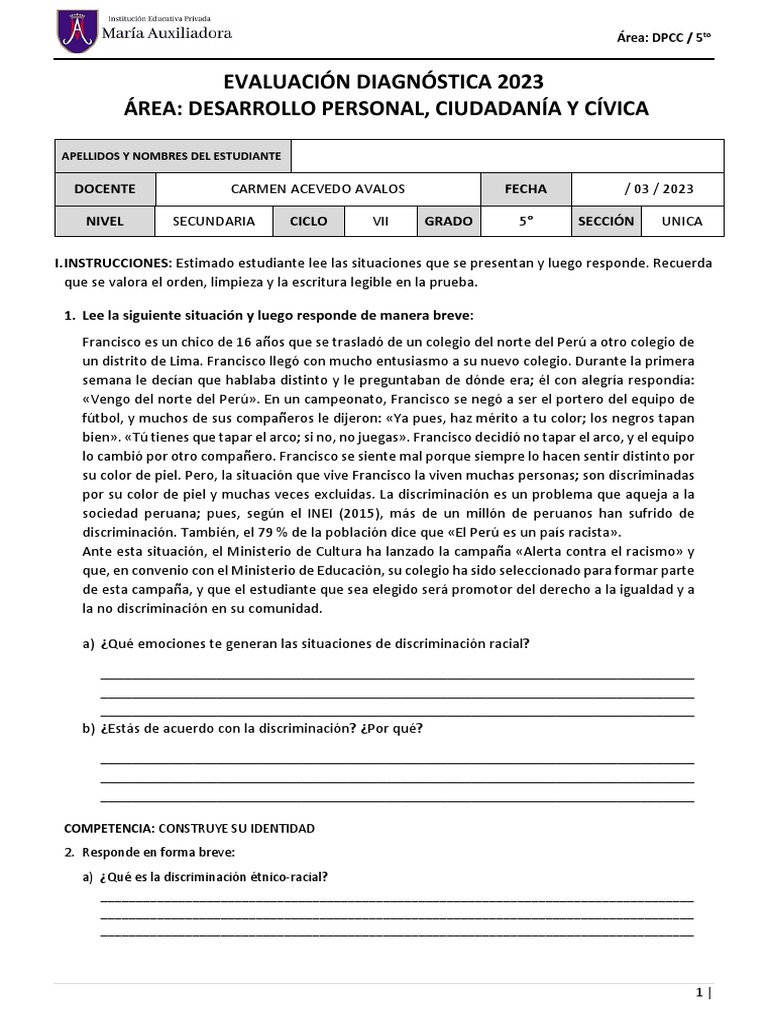 Evaluacion Diagnostica DPCC - 5to Sec - 2023 | PDF | Perú