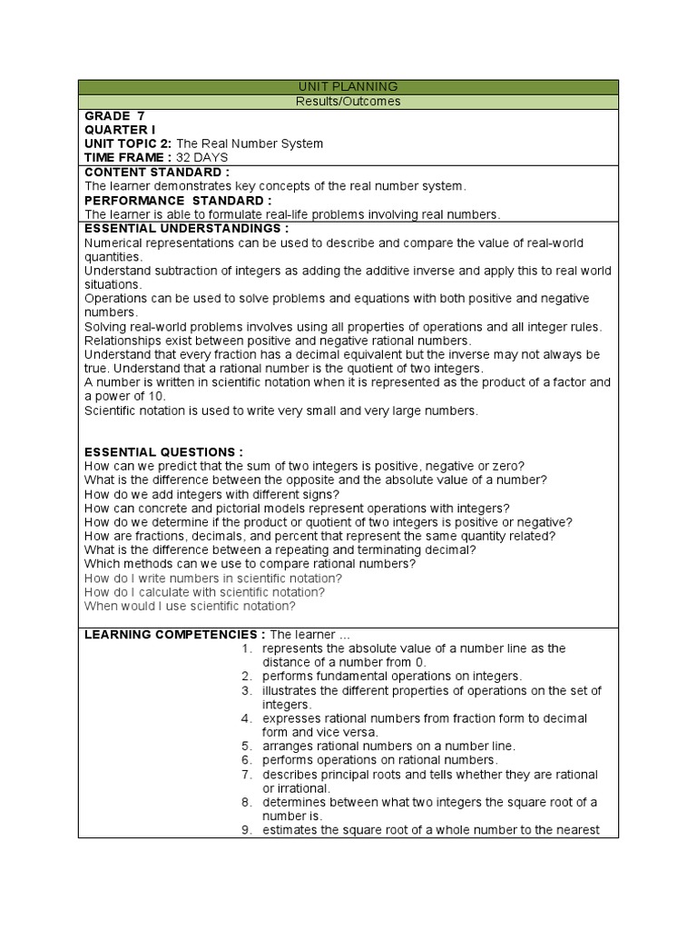 Grade 7 Real Number System Unit Plan | PDF | Numbers | Rational Number
