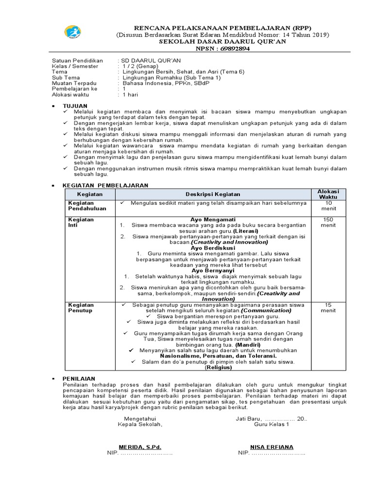 RPP 1 Lembar Kelas 1 Tema 6 | PDF