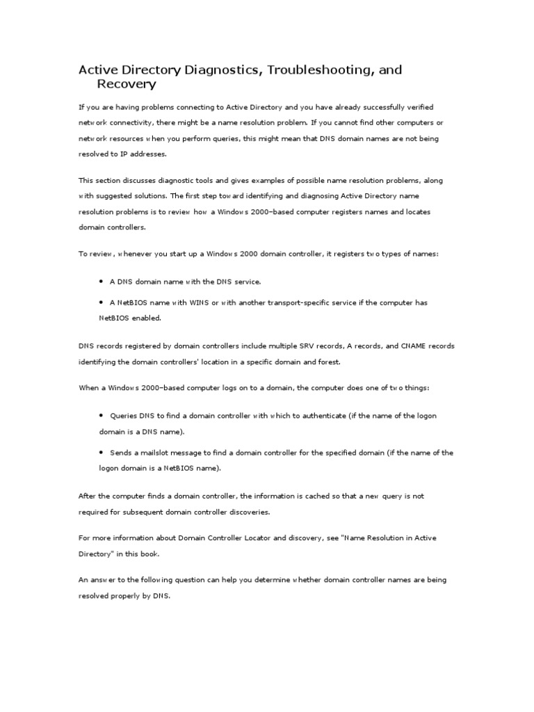 Active Directory Diagnostics | PDF | Domain Name System | Active Directory