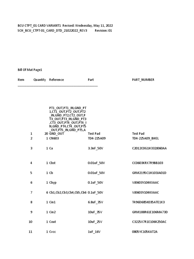 BCU CTPT-01 Card Variant 1 Parts List | PDF | Electronic Engineering | Electricity