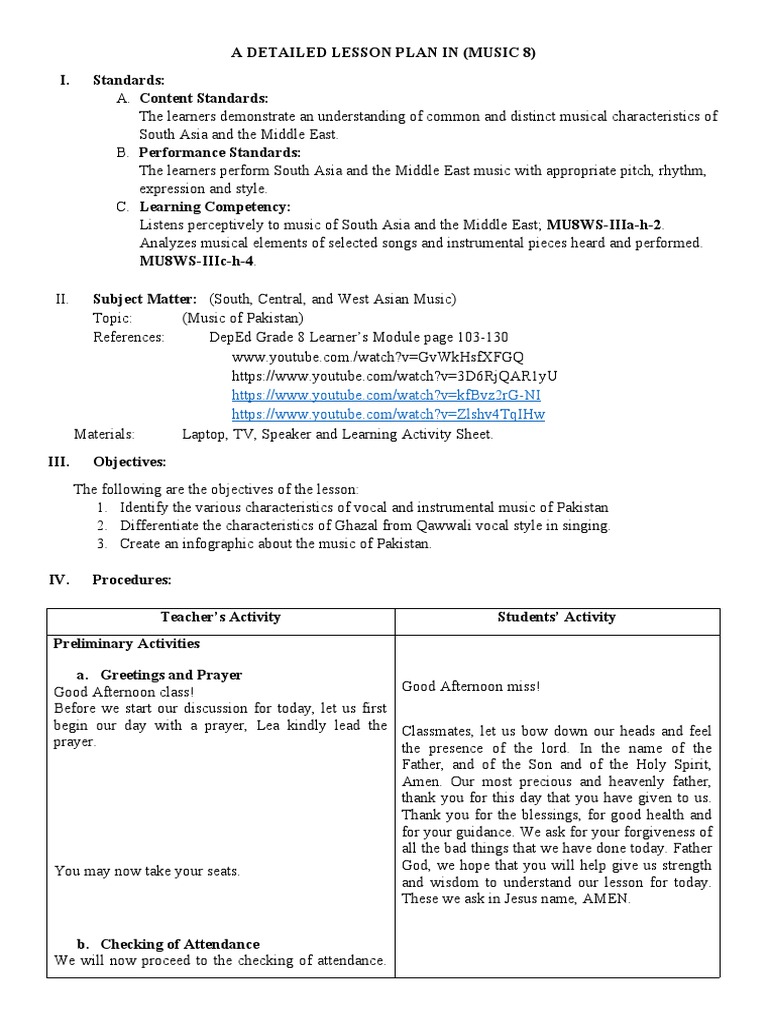 MUSIC 8 DETAILED LESSON PLAN (Pakistan) | PDF | Language Arts & Discipline