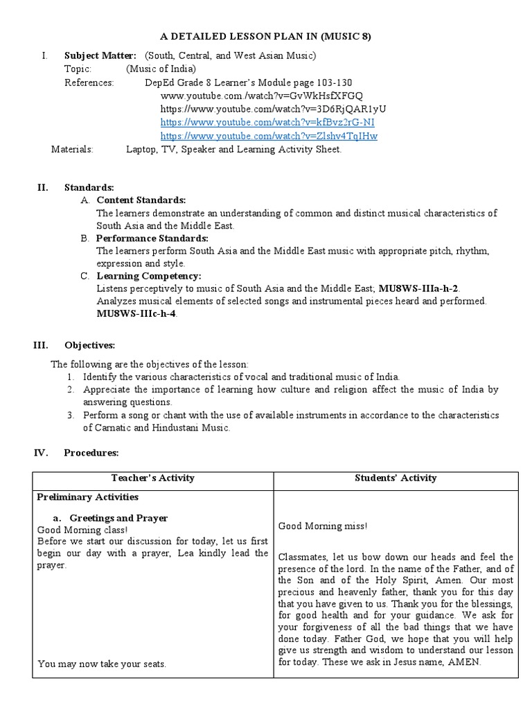 Music 8 Detailed Lesson Plan (Melc 1) | PDF | Vedas | Performing Arts