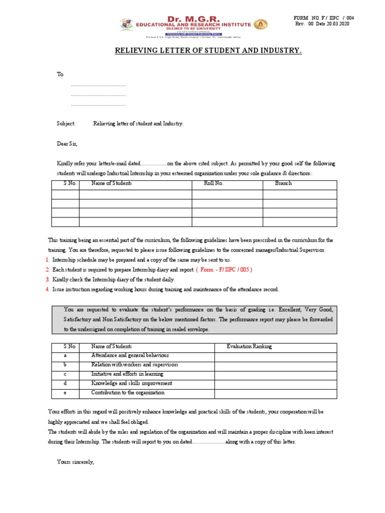 43 IIPC - RELIEVING LETTER OF STUDENT AND INDUSTRY From Industry | PDF ...