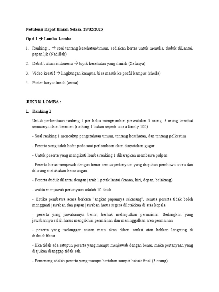 Notulensi Rapat Ilmiah Selasa, 28/02/2023 Opsi 1 Lomba-Lomba | PDF