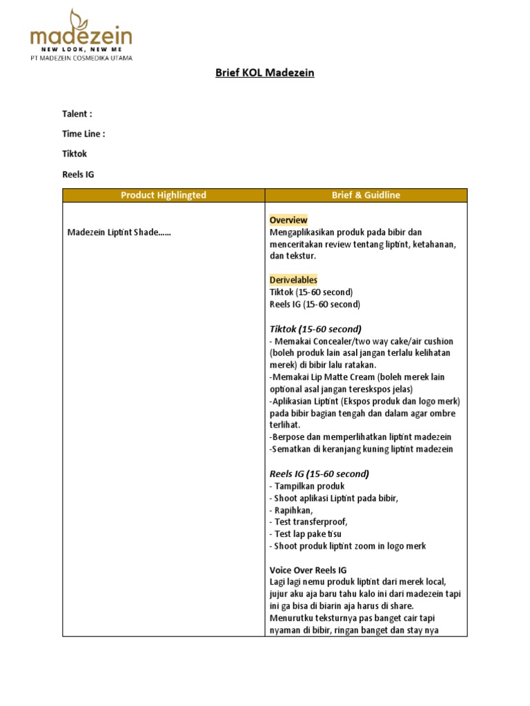 Contoh Brief KOL Madezein | PDF