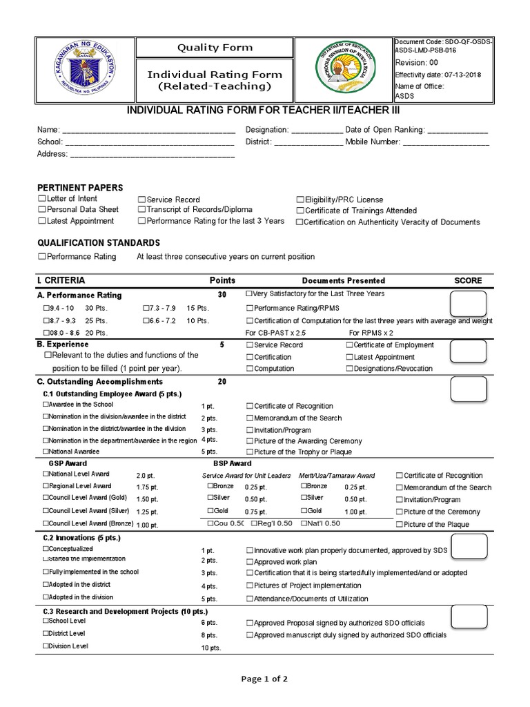 Individual Rating Form Elementary-TEACHER-II-III | PDF | Academic Degree