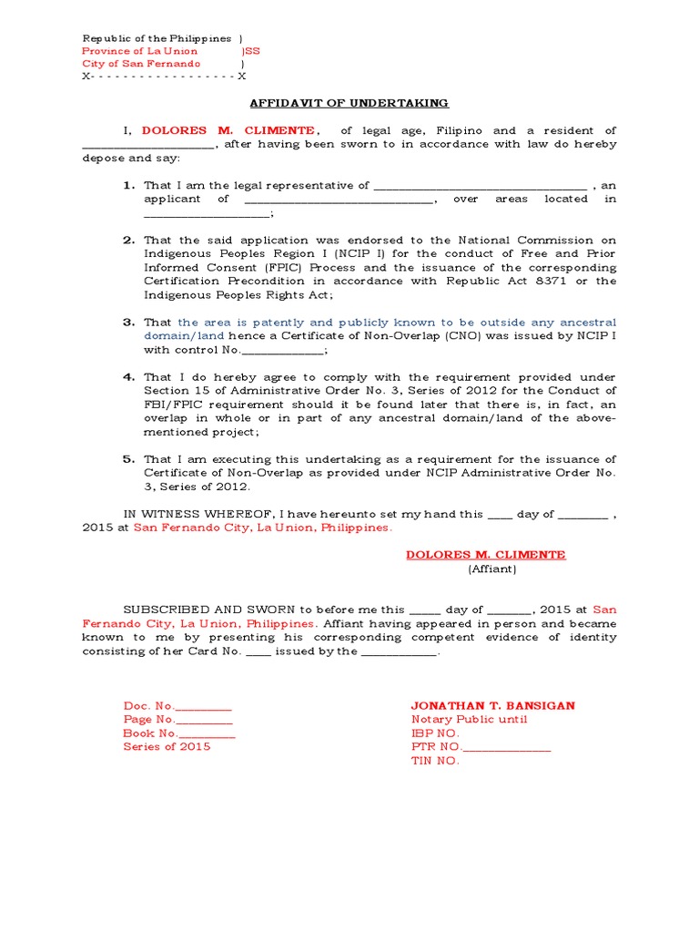 Affidavit of Undertaking NEW | PDF | Affidavit | Legal Procedure