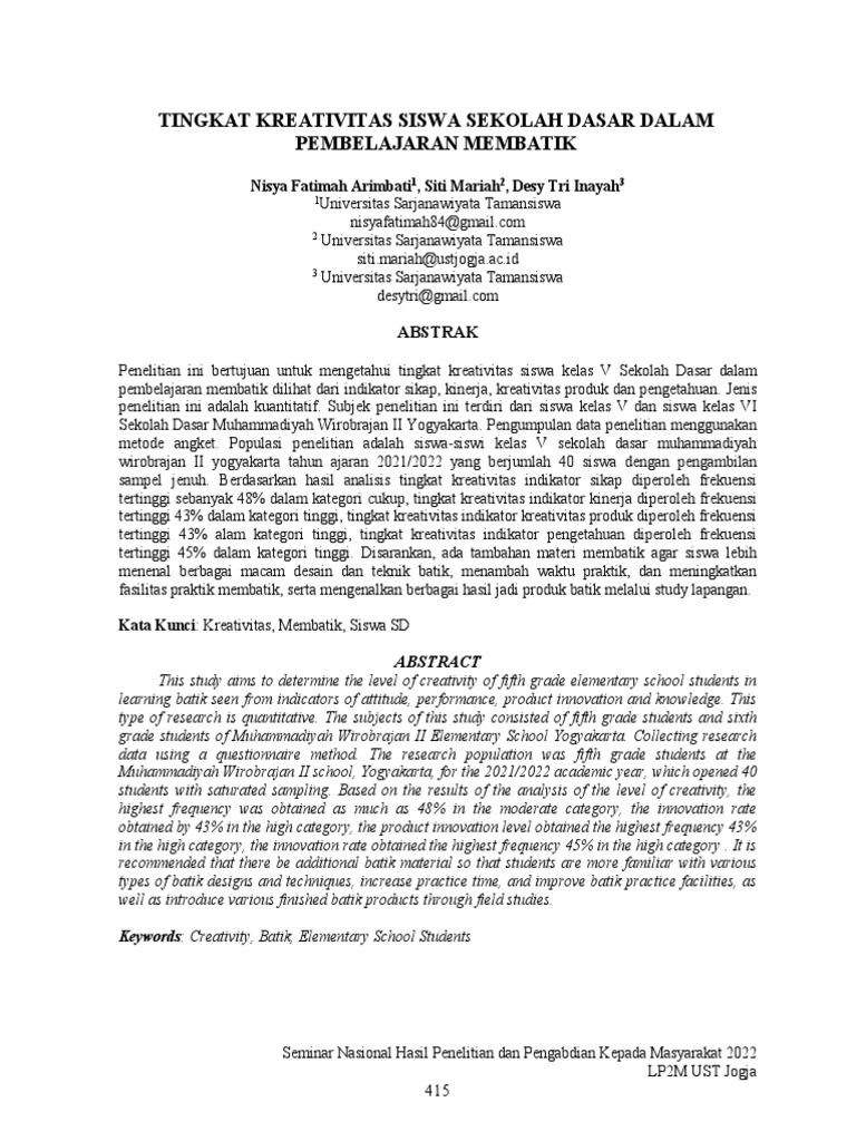 Tingkat Kreativitas Siswa Sekolah Dasar Dalam Pembelajaran Membatik | PDF