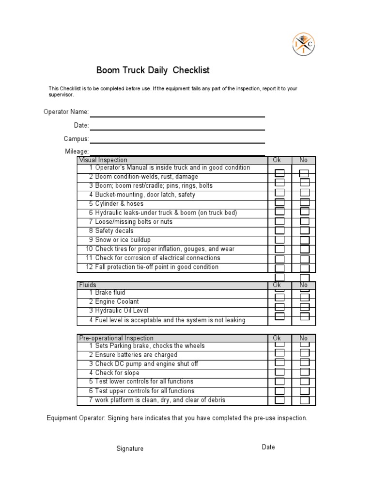 Boom Truck Daily Inspection Checklist | PDF