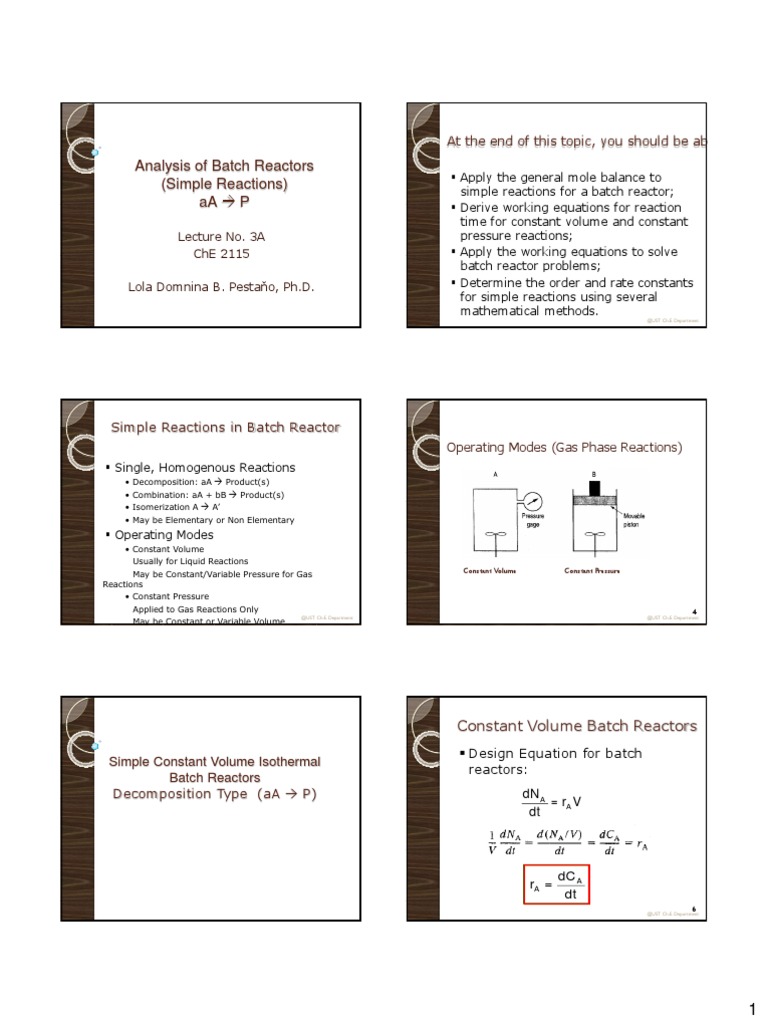 Lecture 3A - Analysis of Batch Reactors (Simple Reactions) Aa - P PDF ...