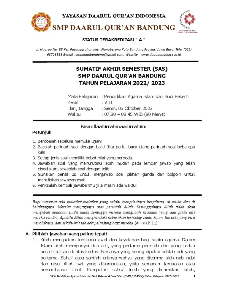 FORMAT PENULISAN SOAL, Kartu soal dan kisi-kisi SAS GANJIL TAHUN PELAJARAN 2022 - 2023 | PDF