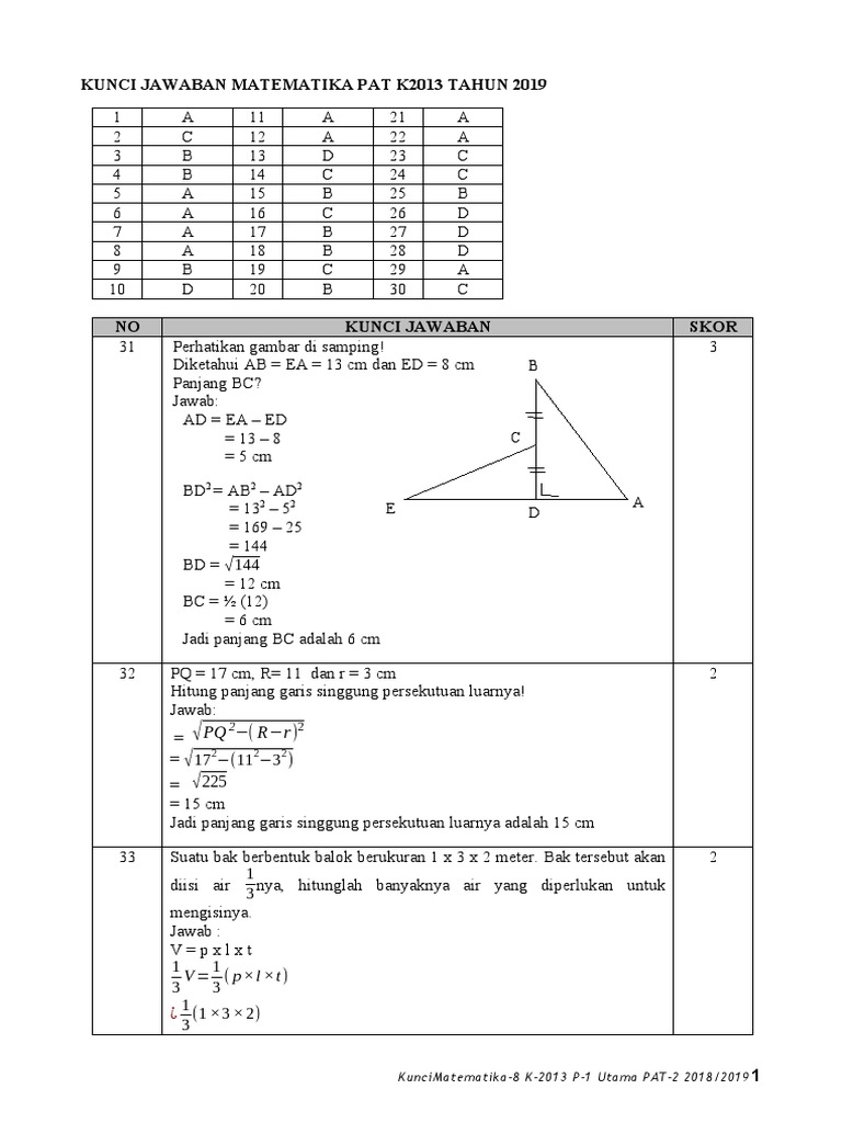 Kunci Jawaban PAT Matematika Kelas VIII - K13 | PDF