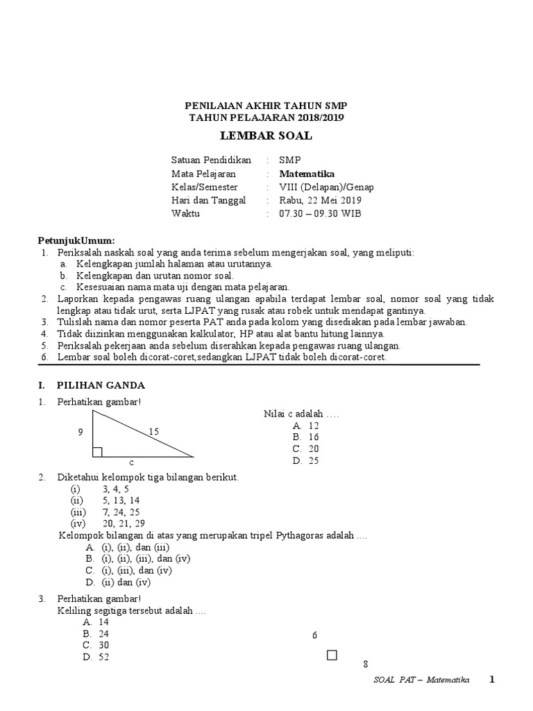 Soal PAT Matematika Kelas VIII - K13 | PDF