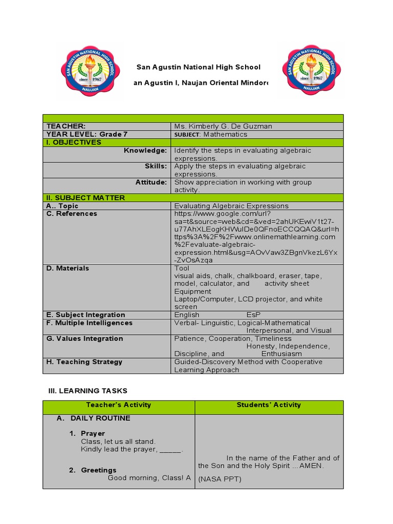 Evaluating Algebraic Expressions: A Guided Lesson on Applying the Steps to Find the Value of ...