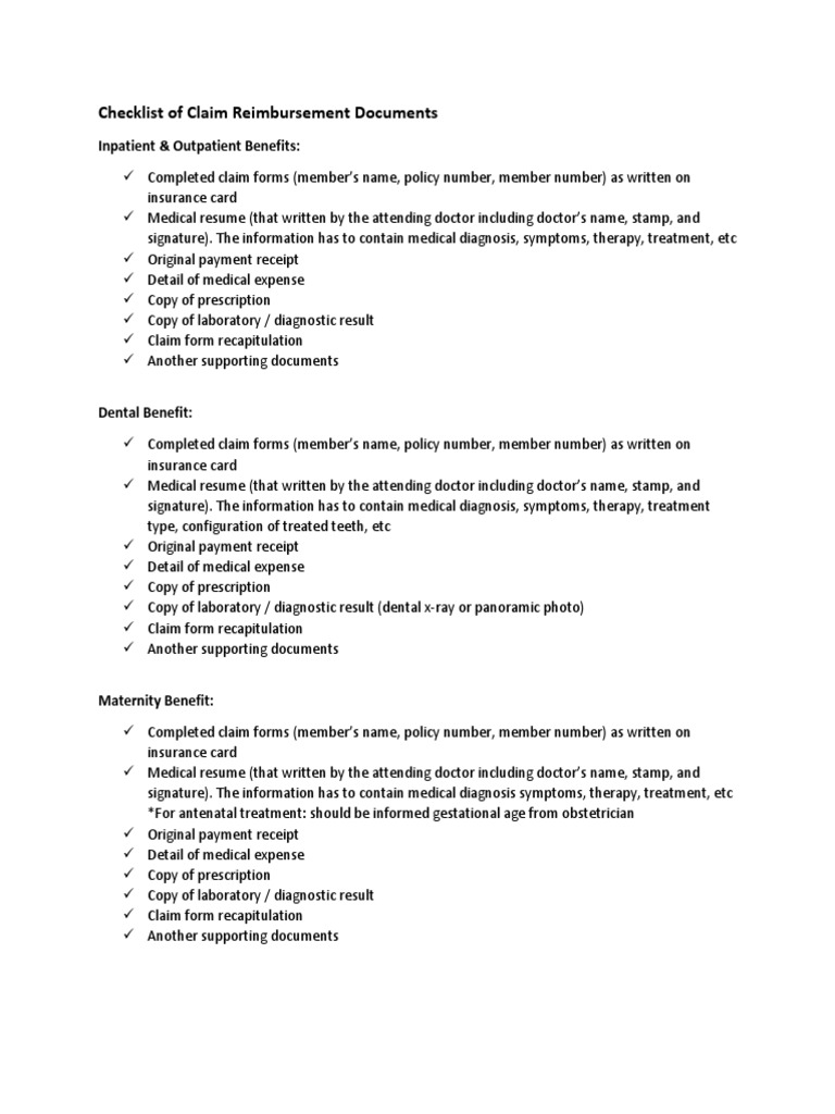 Checklist For Claim Reimbursement Documents | PDF