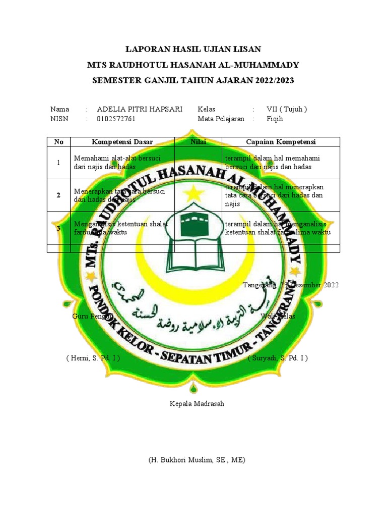 Laporan Hasil Ujian Lisan Kelas 7 | PDF