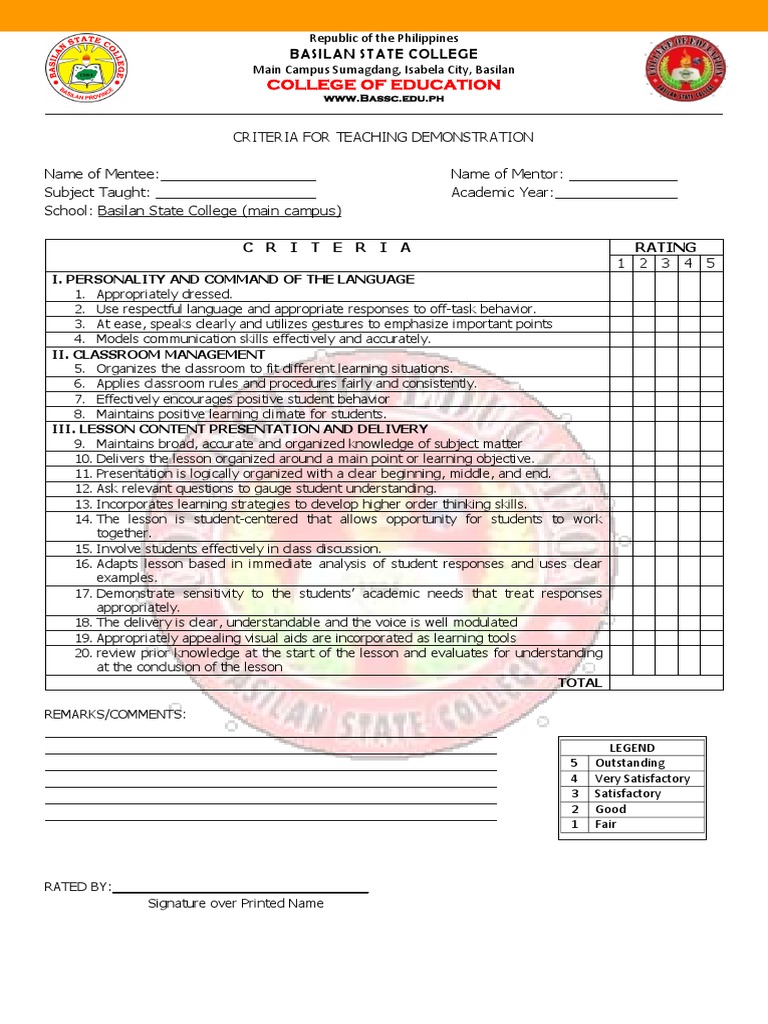 Criteria - For Teaching Demostration PDF | PDF | Mentorship | Learning