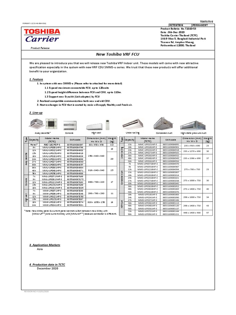 New Toshiba VRF FCU: 1. Feature | PDF | Thermal Insulation | Heat Exchanger
