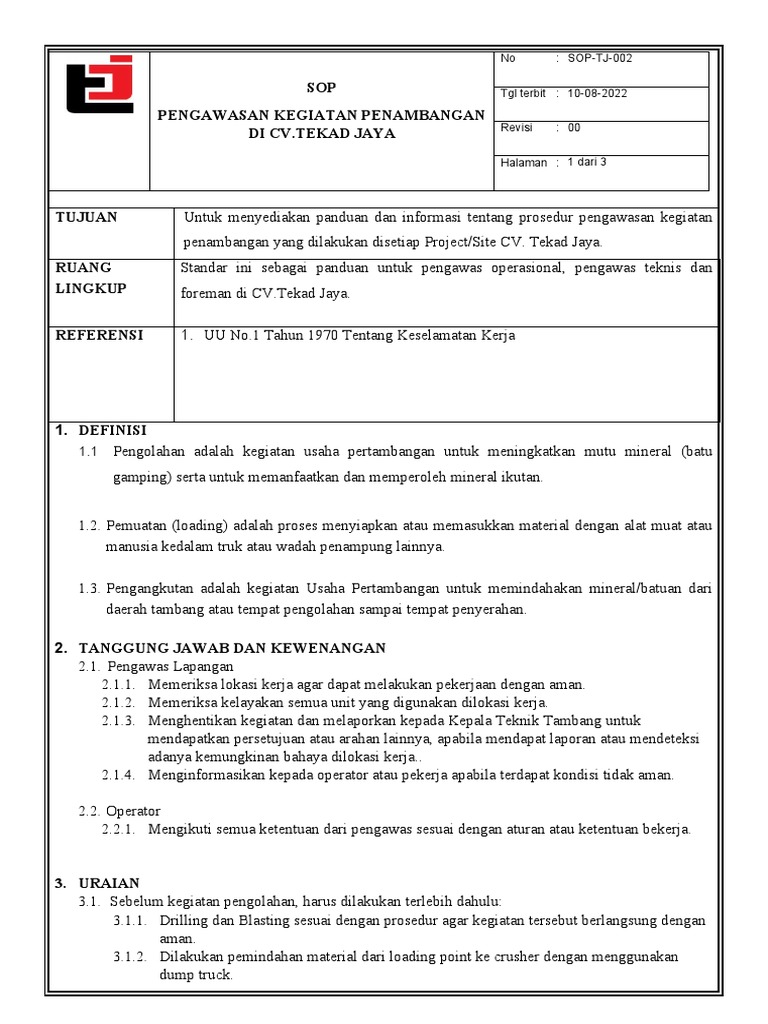 Sop - 002 - Pengawasan Kegiatan Penambangan | PDF Sop - 002 - Pengawasan Kegiatan Penambangan | PDF