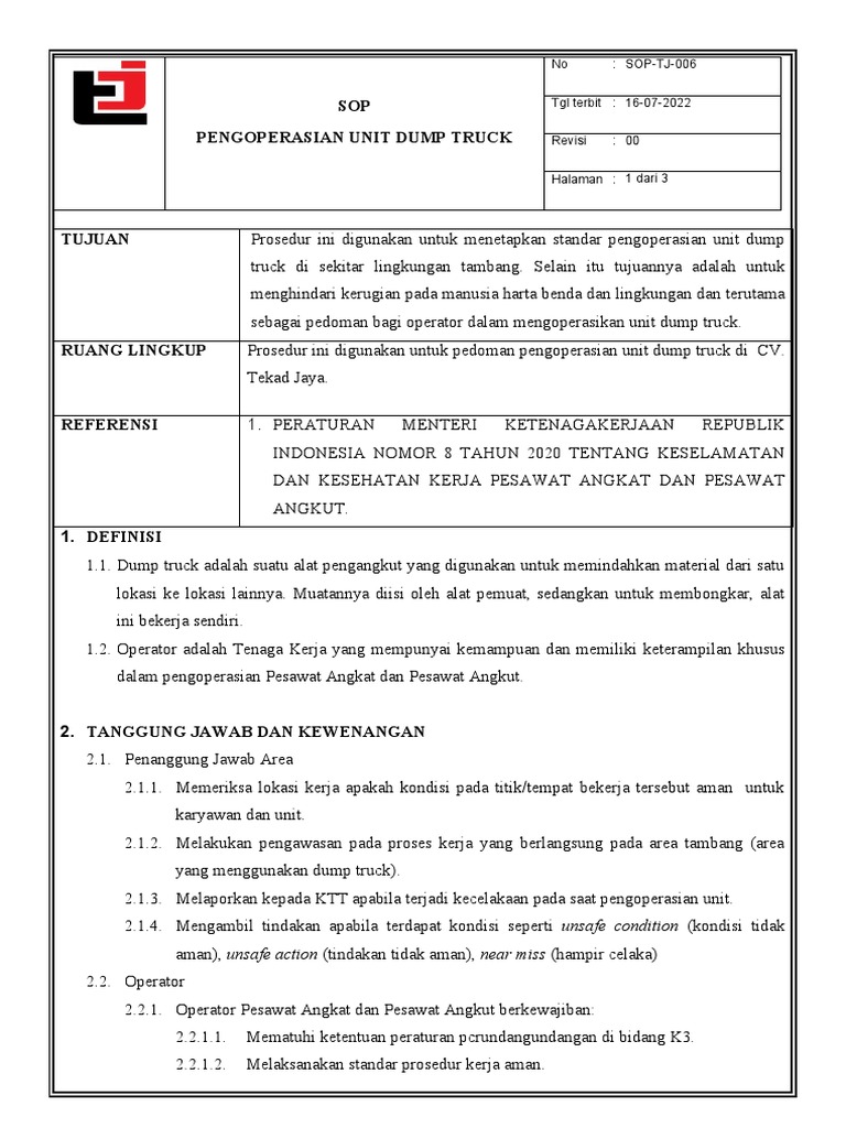 Sop - 006 - Pengoperasian Dumptruck | PDF