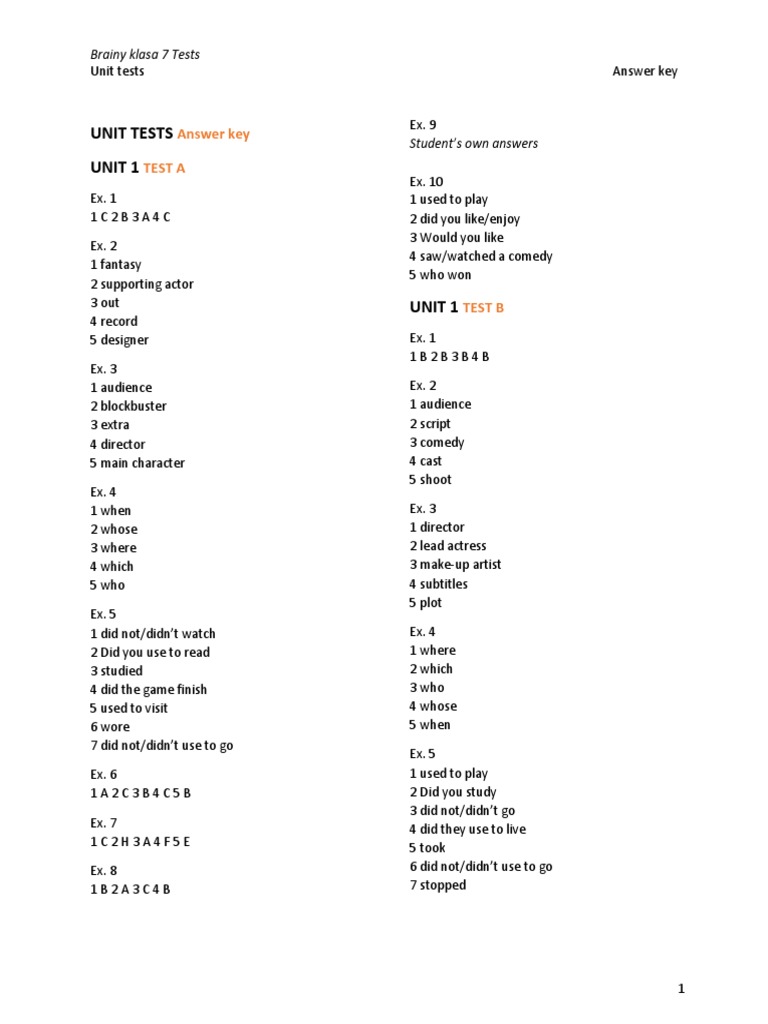 Brainy 7 Unit Tests Answer Key | PDF