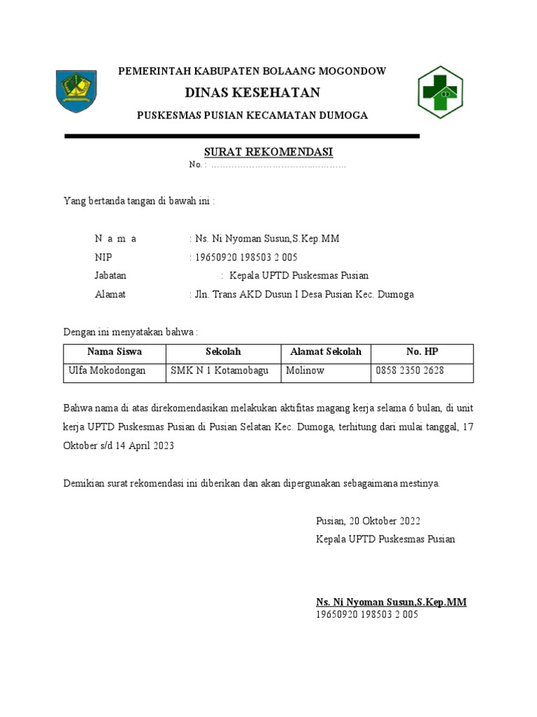 Surat Rekomendasi Magang Kerja | PDF
