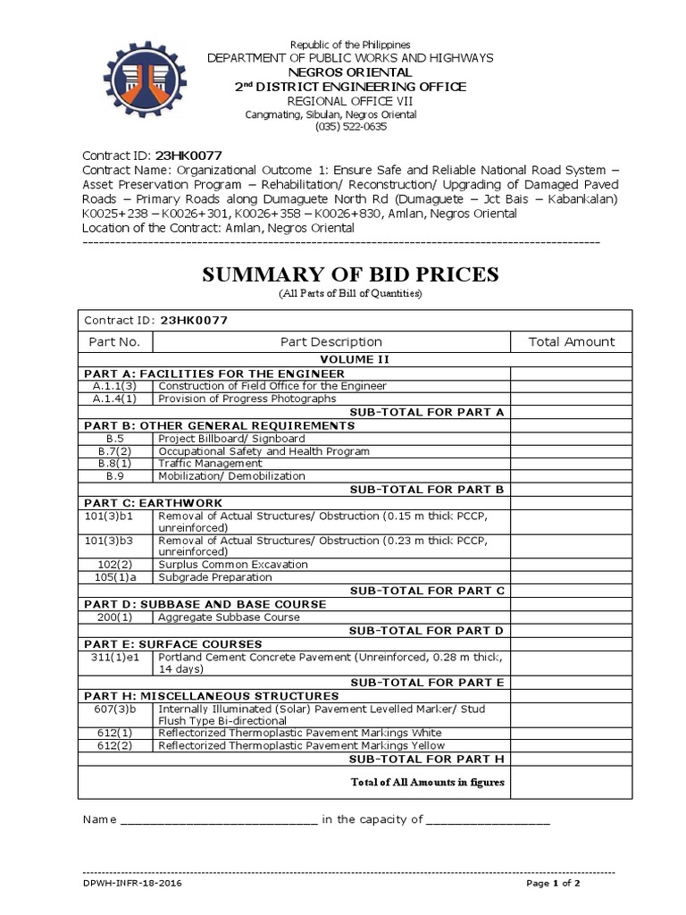 DPWH-INFR-18-Summary of Bid Prices | PDF | Road Surface | Road