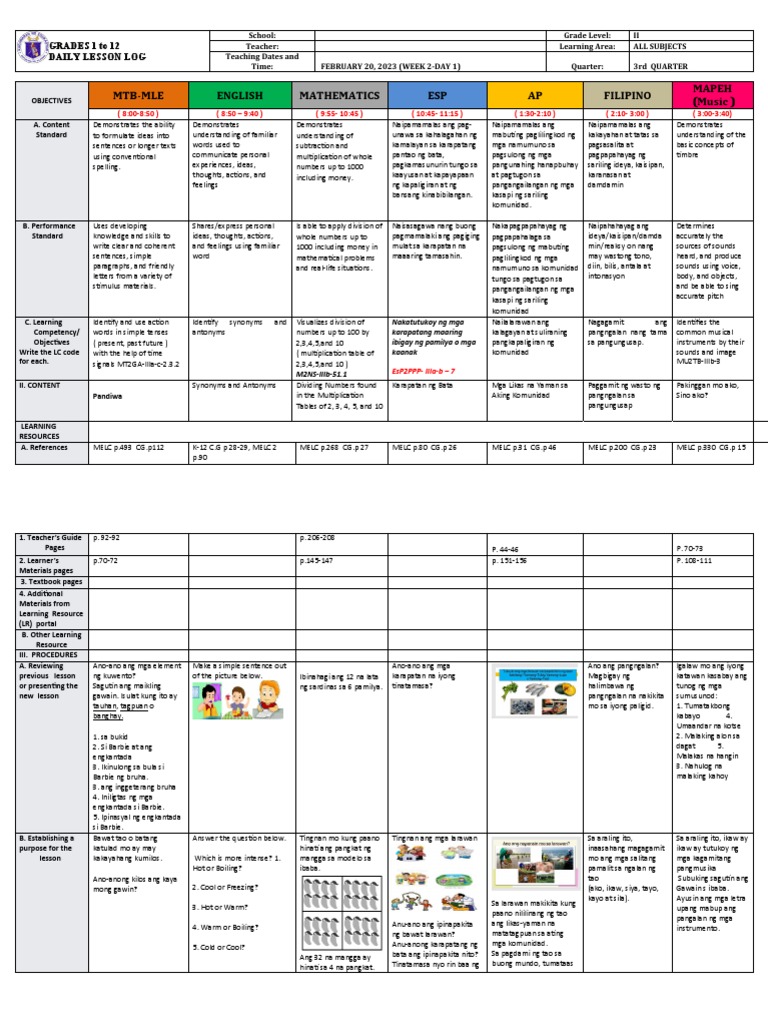 Mtb-Mle English Mathematics ESP AP Filipino Mapeh (Music) : GRADES 1 To ...
