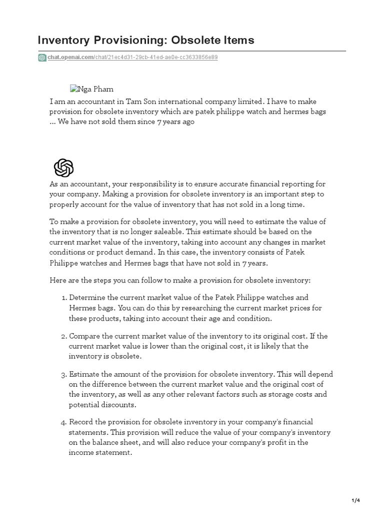 Inventory Provisioning Obsolete Items | PDF | Inventory | Market Value