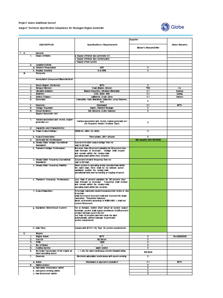 Generator Set Technical Specification Compliance (Updated) 5.26.22 | PDF | Battery Charger ...