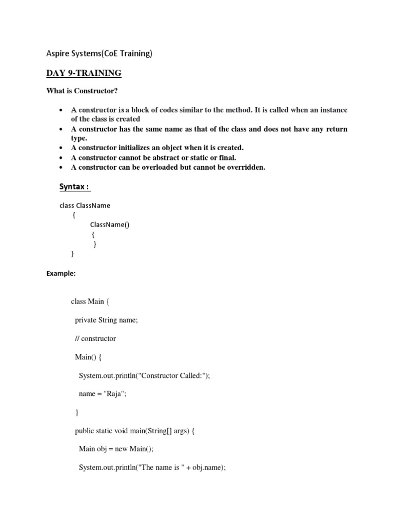 15 09 2022 Day 9 Constructor Types Of Constructor Constructor Chaining Pdf Programming 7995