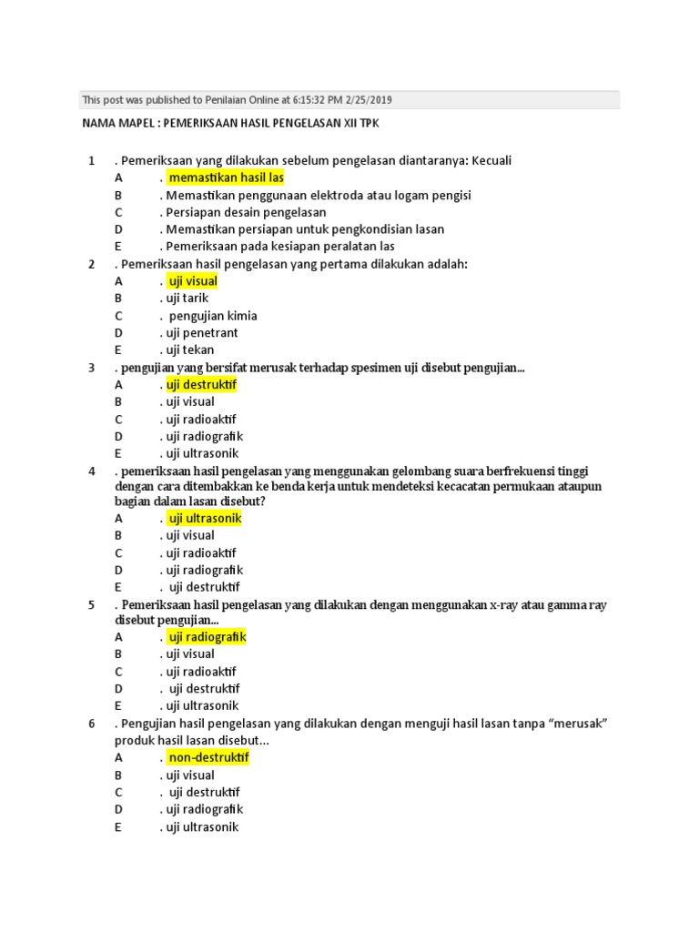 Soal Pemeriksaan Hasil Las Xii TPK | PDF