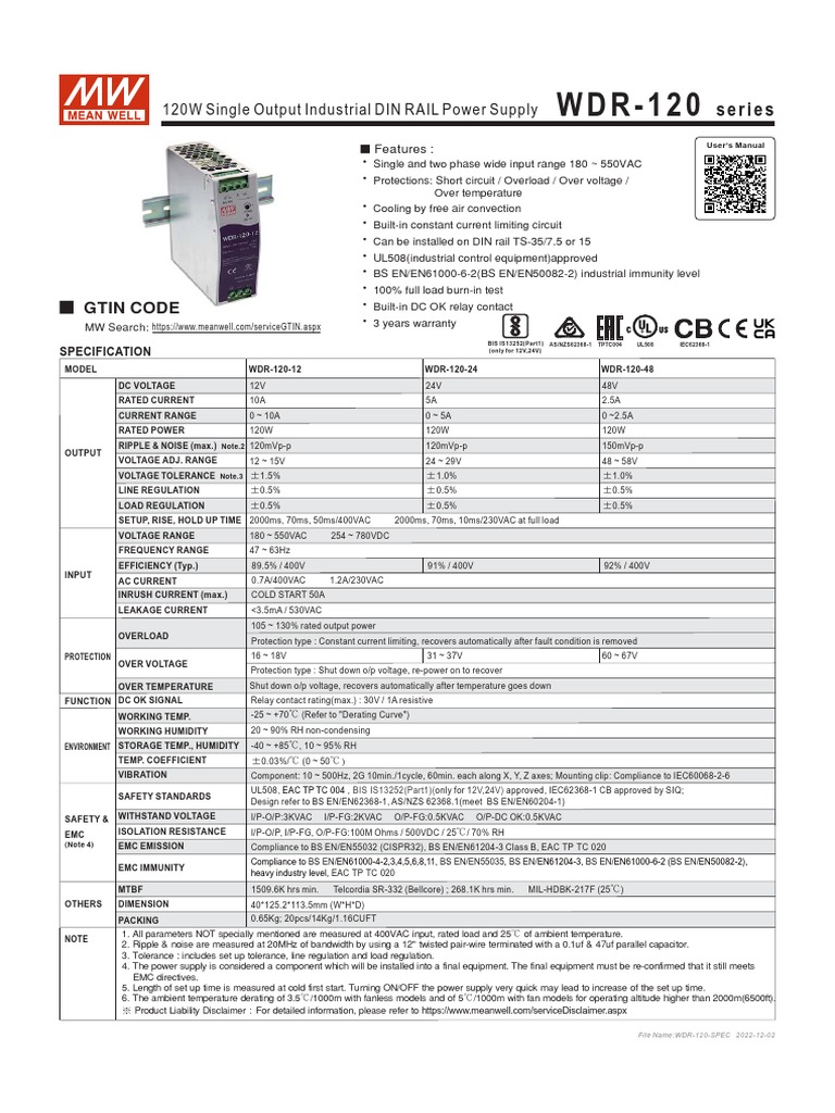 WDR 120 Spec PDF | PDF | Power Supply | Rectifier