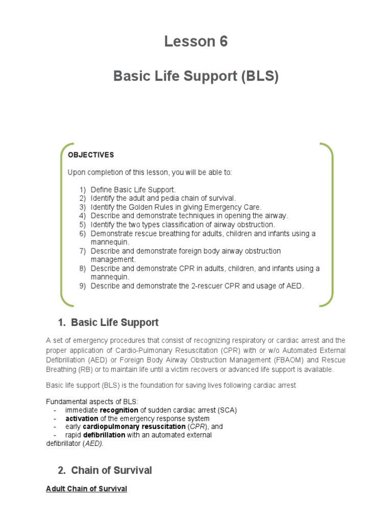 6 - BLS Handout | PDF | Cardiopulmonary Resuscitation | Cardiac Arrest