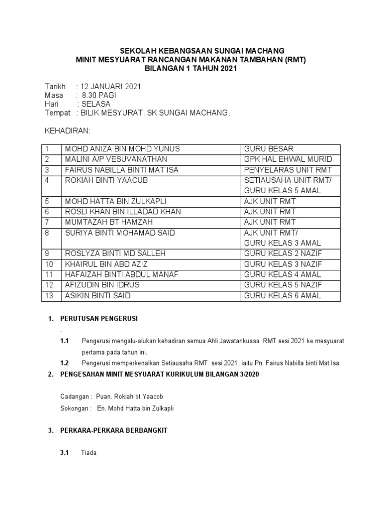 Minit Mesyuarat Rancangan Makanan Tambahan SK Sungai Machang | PDF