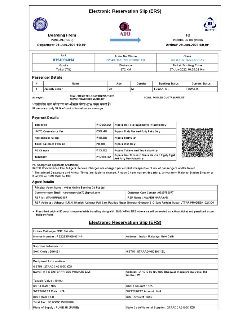 Electronic Reservation Slip (ERS) : Boarding From TO | PDF | Identity ...