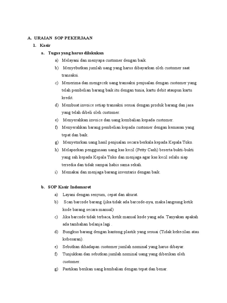 A. Uraian Sop Pekerjaan 1. Kasir A. Tugas Yang Harus Dilakukan | PDF